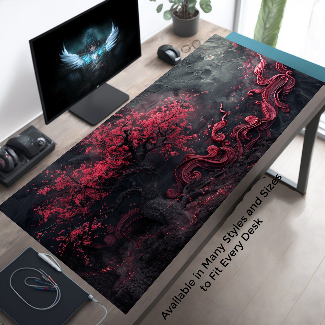 Dark Aesthetic Sakura Fantasy Desk Mat, Pink Sakura Mousepad Desk Pad ...
