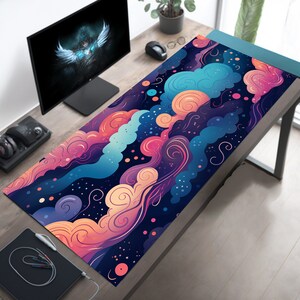 Cute Pastel Desk Mat Featuring Colorful Swirls and Clouds Against an ...