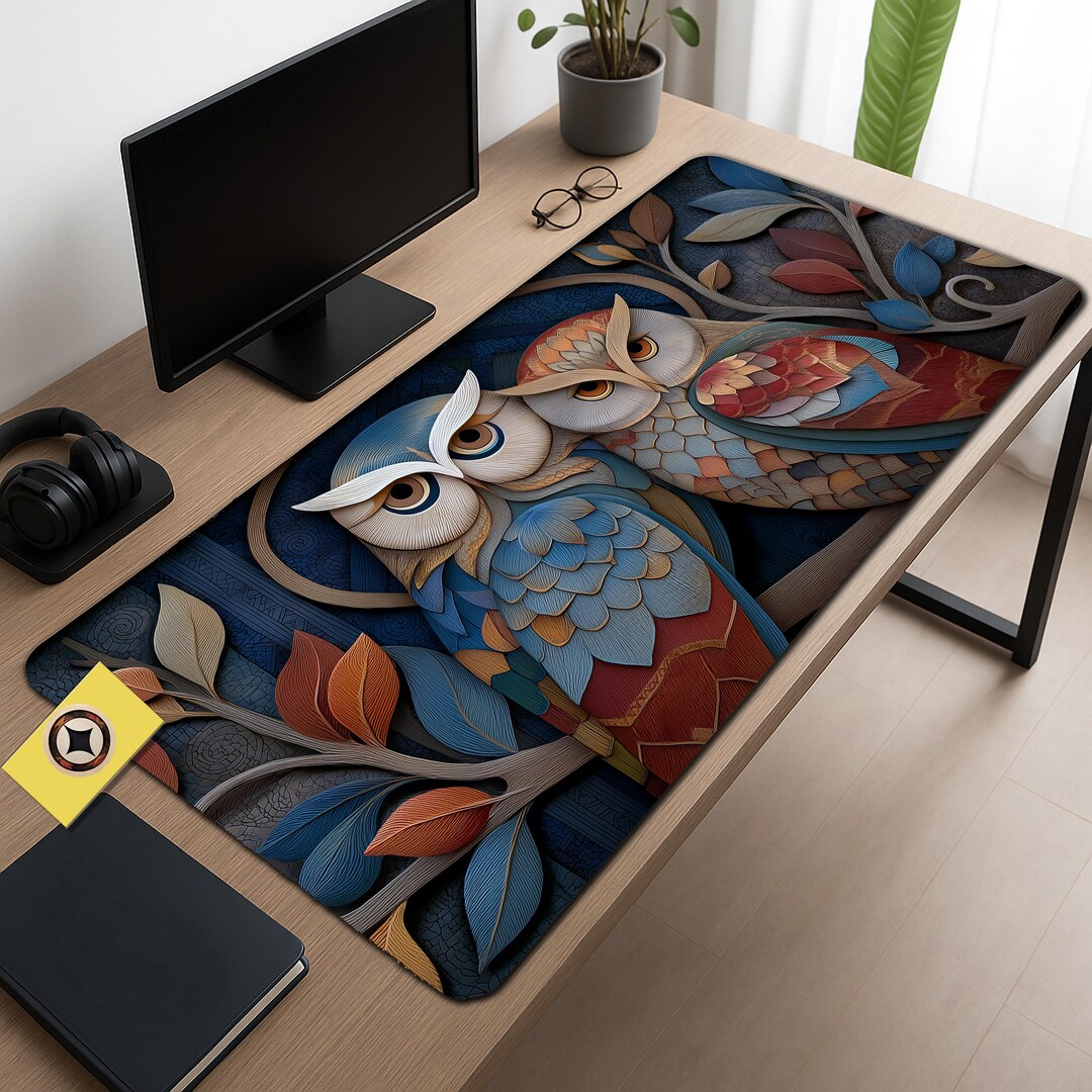 Boho Owl Desk Mat: Folk Art Botanical Mouse Pad, Optional ...