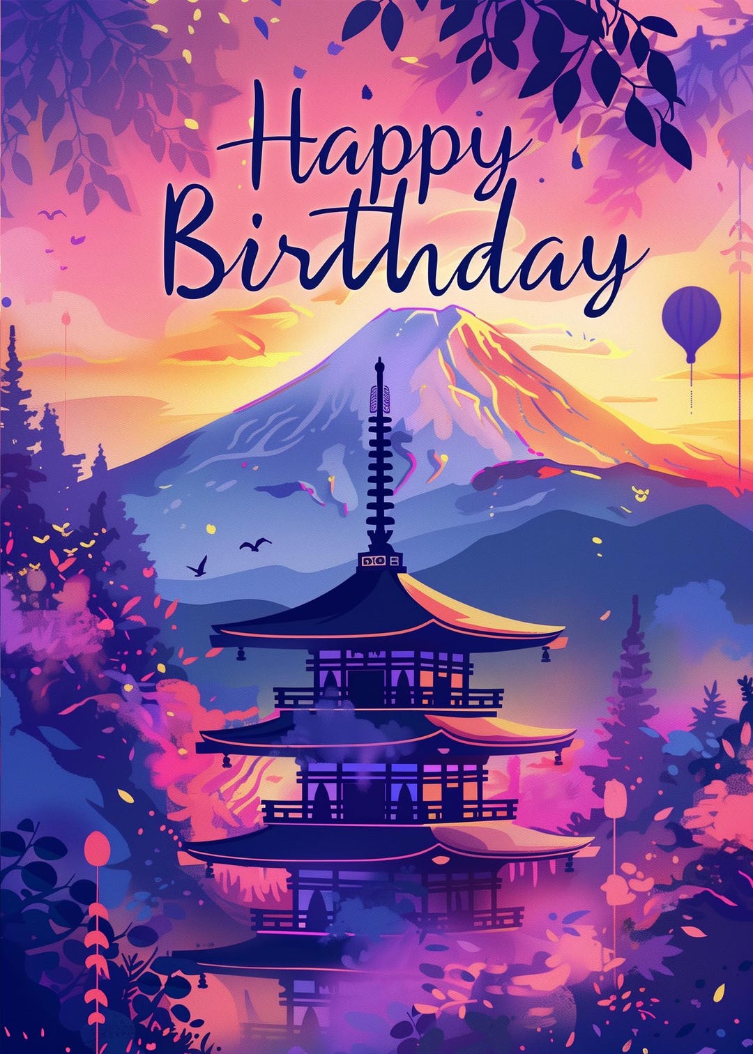 Japanese Mt Fuji Sunset Happy Birthday Card - Instant Download Card ...