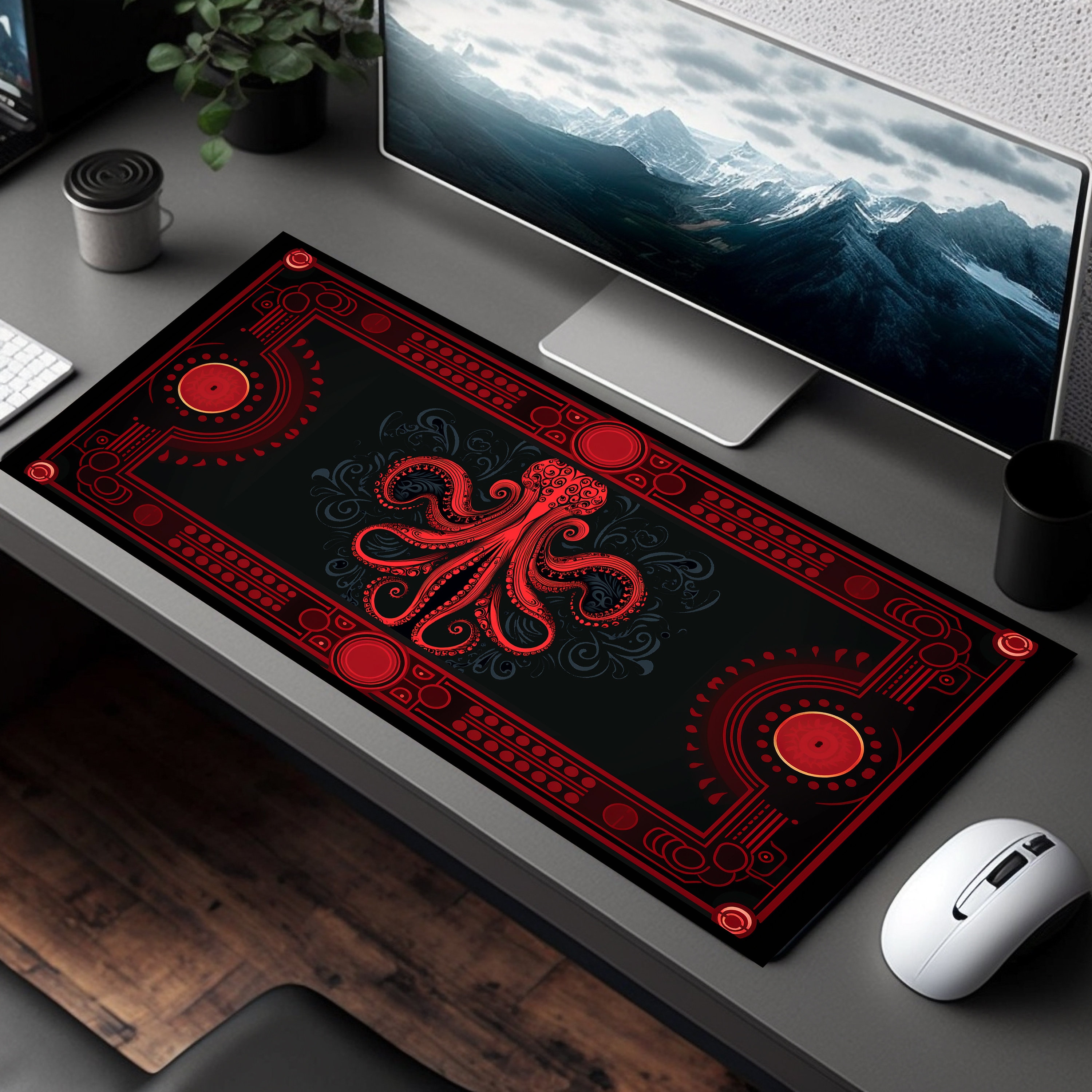 Aztec Octopus Desk Mat, Aesthetic XL Desk Pad, Geometric Mouse Pad, Red ...