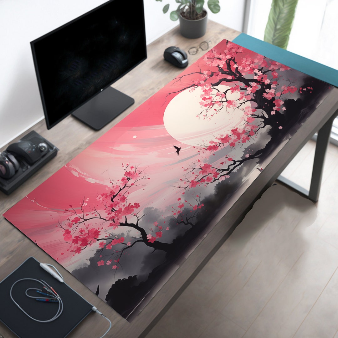 Cute Pink Sakura Tree and Full Moon Desk Mat Mousepad XL, Lofi Desk Pad ...