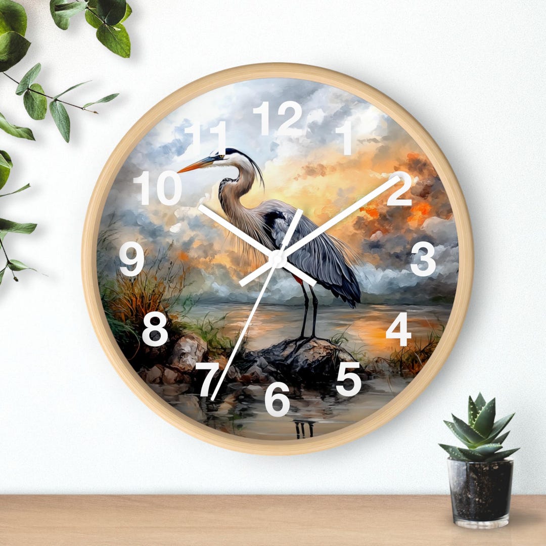 Japanese Blue Heron Round Wall Clock - 10" Round Clock for Home, Office ...