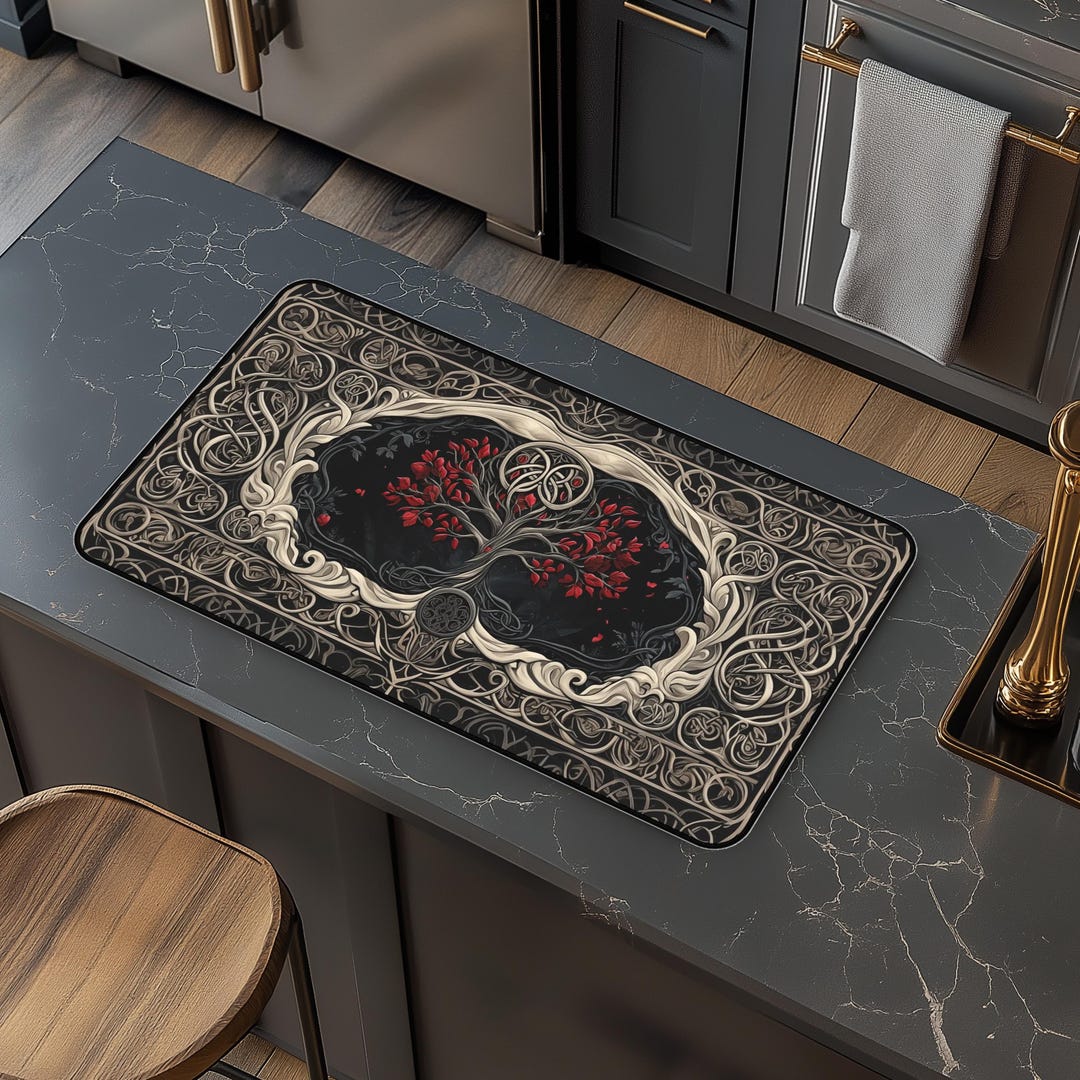 Celtic Art Bar Mat - Celtic Tapestry With Crimson Blossoms - Coffee Bar ...
