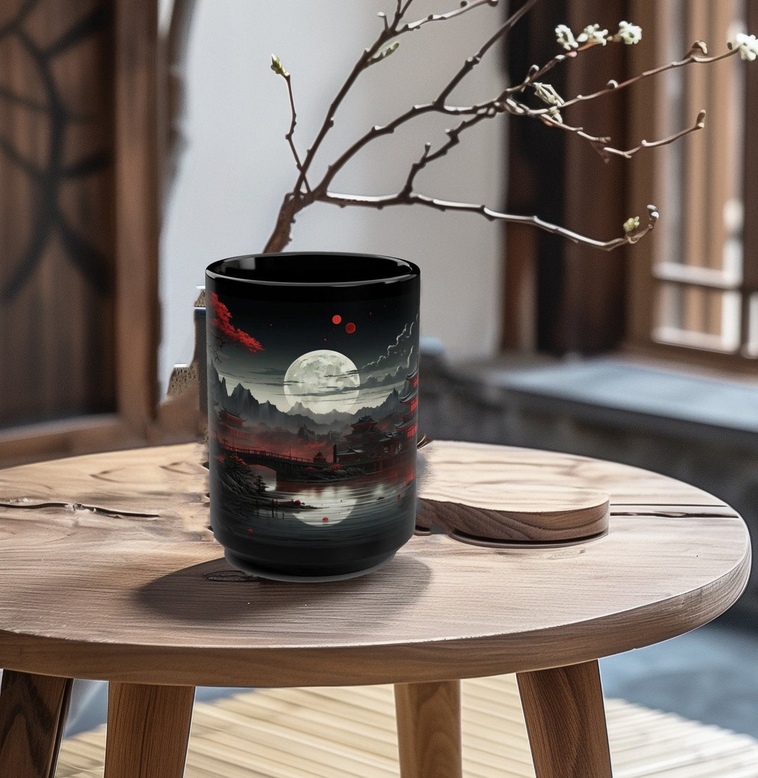 Japanese Art Mug, Traditional Japanese Black and Red Art, Full Moon ...