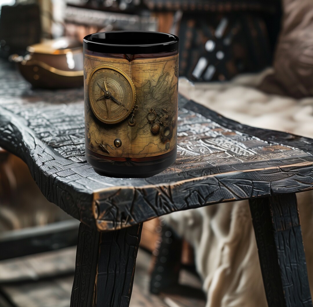 Pirate Treasure Map 15oz Black Coffee Mug Featuring Broken Compass and ...