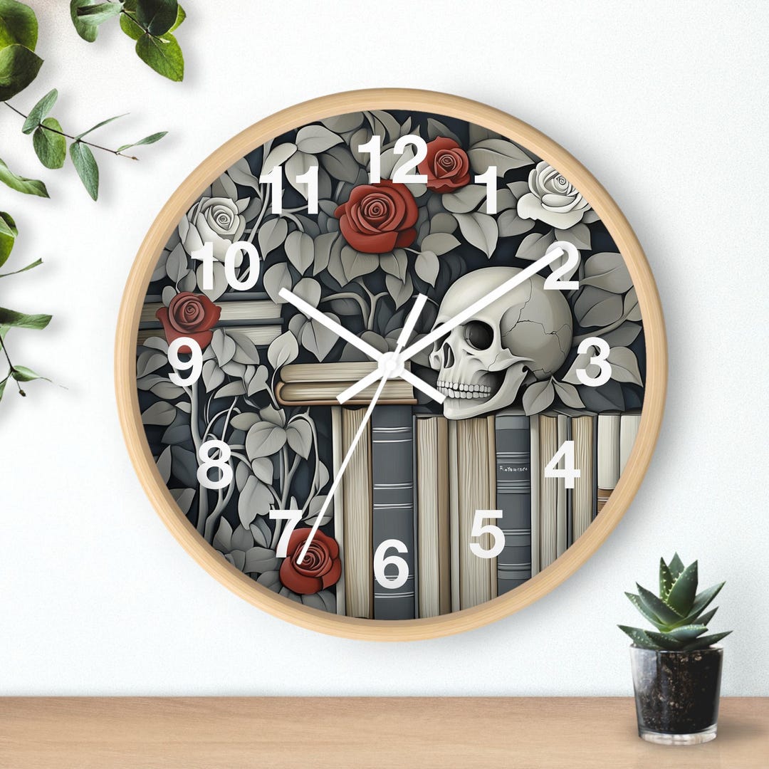 Unique Dark Academia Skull Books and Roses Round Wall Clock for Home or ...