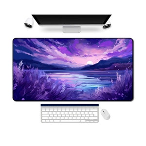 Pastel Anime Sunset Desk Mat, Manga Style Mountain Lake Mouse Pad ...