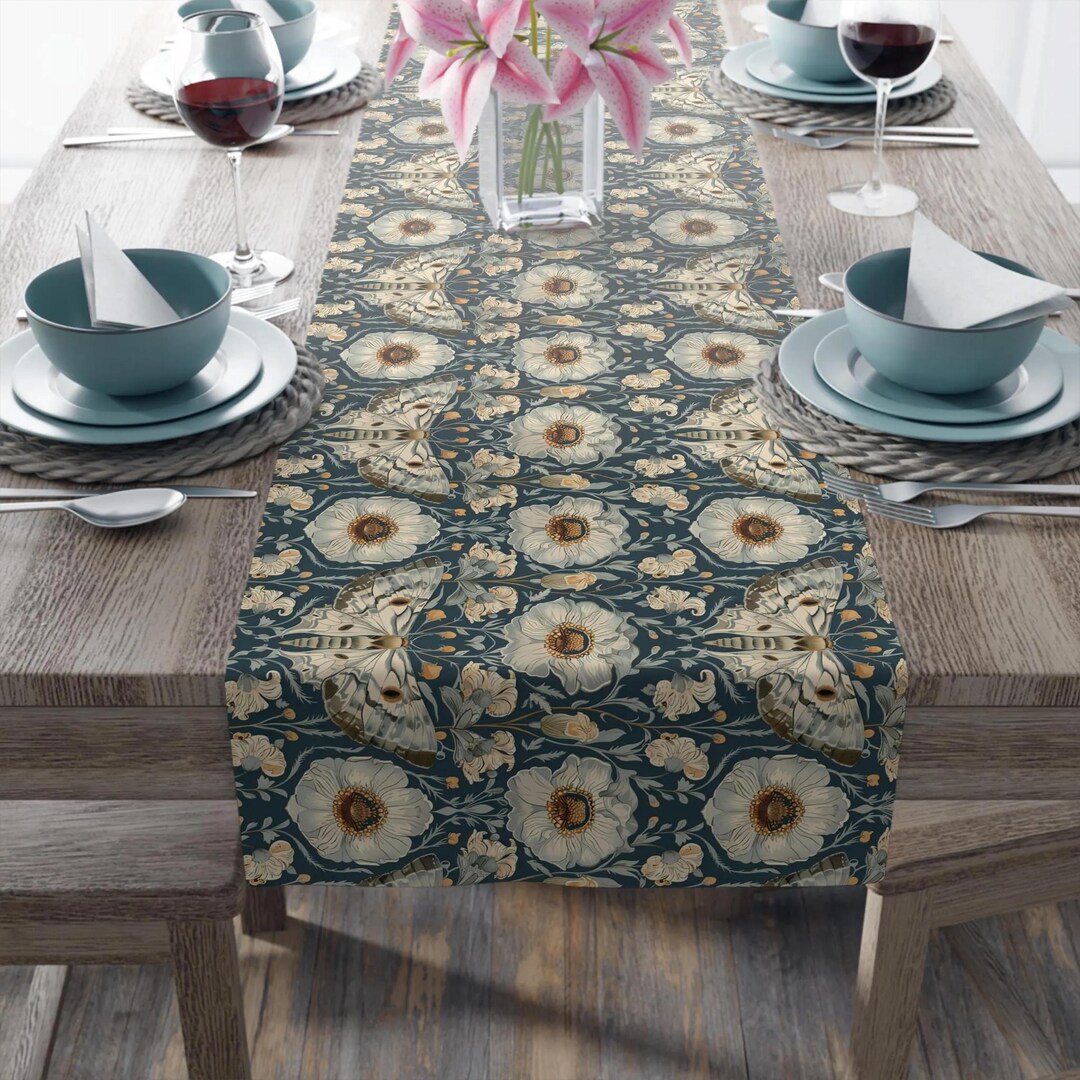William Morris Inspired Floral Moth Table Runner - Polyester Table ...