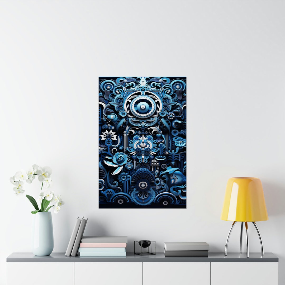 Blue Mayan Abstract Art Wall Poster, Mayan Art Poster, Maya Wall Art ...