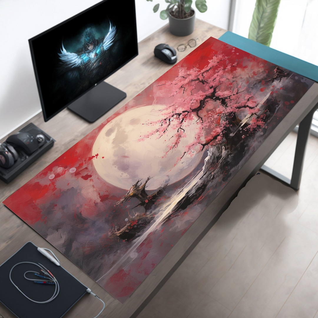 Sakura Moon Desk Mat - Red Japanese Abstract Art, Full Moon, Blooming ...