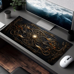 Gothic Desk Mat Featuring Abstract Gold and Black Swirls, Aesthetic ...
