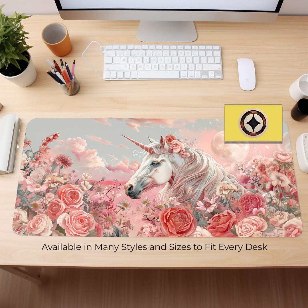 Pastel Pink Aesthetic Unicorn Desk Pad, Oversized Mouse Pad, Cute Desk ...