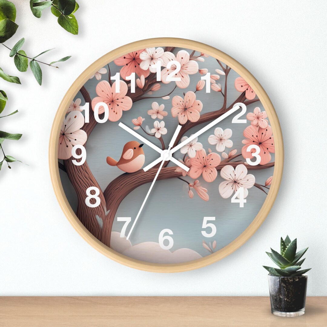 Kawaii Cute Sakura Songbird Wall Clock - 10" Round Mechanical Clock for ...