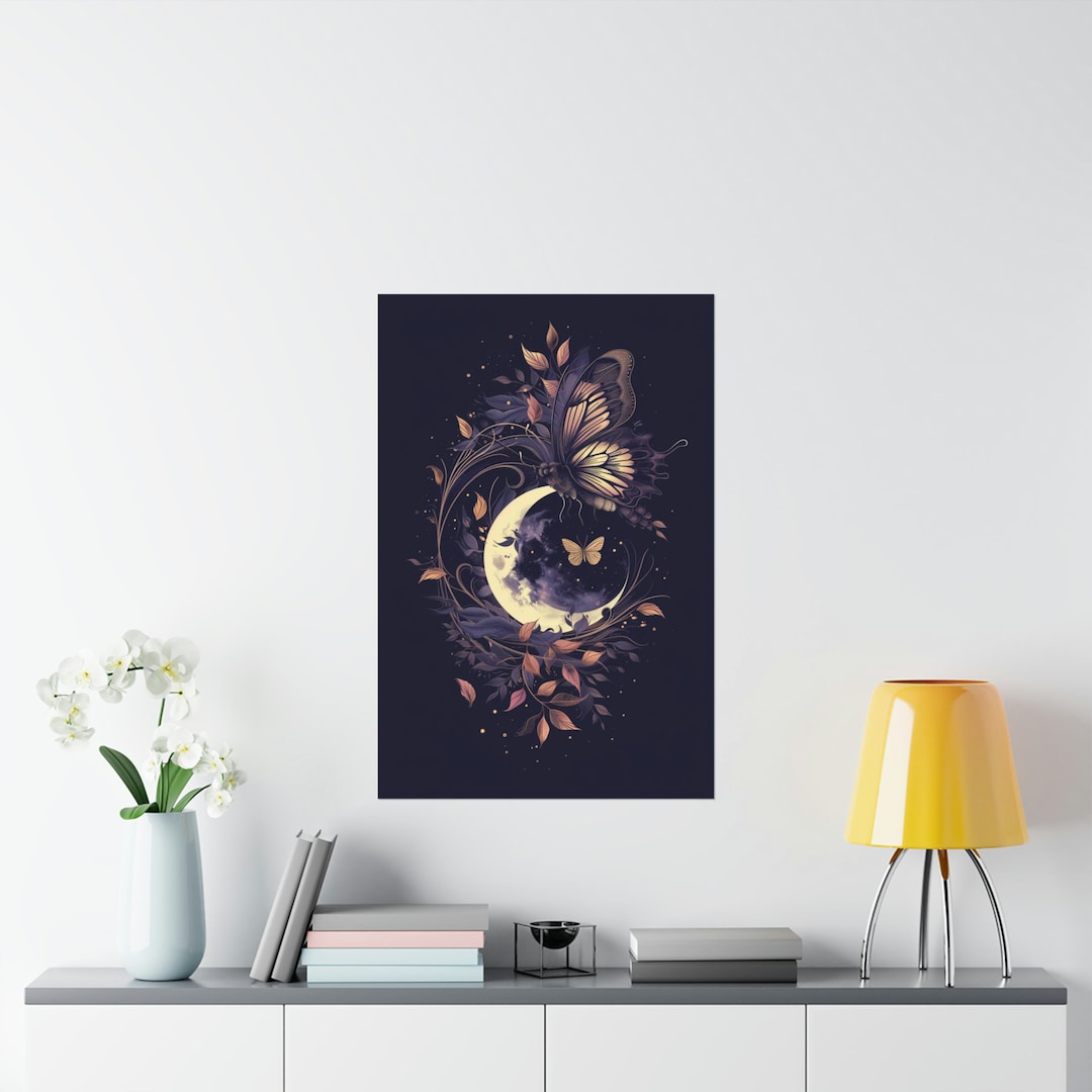 Moth and the Crescent Moon Poster, Moth Poster Art Print, Moth Print ...
