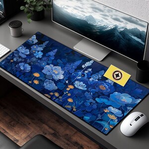 Sapphire Blue Wildflowers Desk Mat, Flowers Desk Pad, Botanical ...