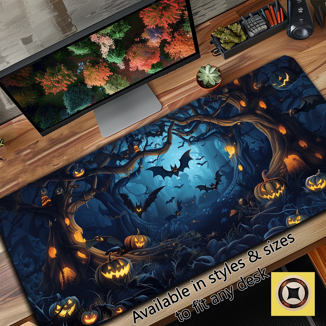 Spooky Desk Decor, Bats and Jack-o-lanterns Desk Pad, Haloween Desk Mat ...
