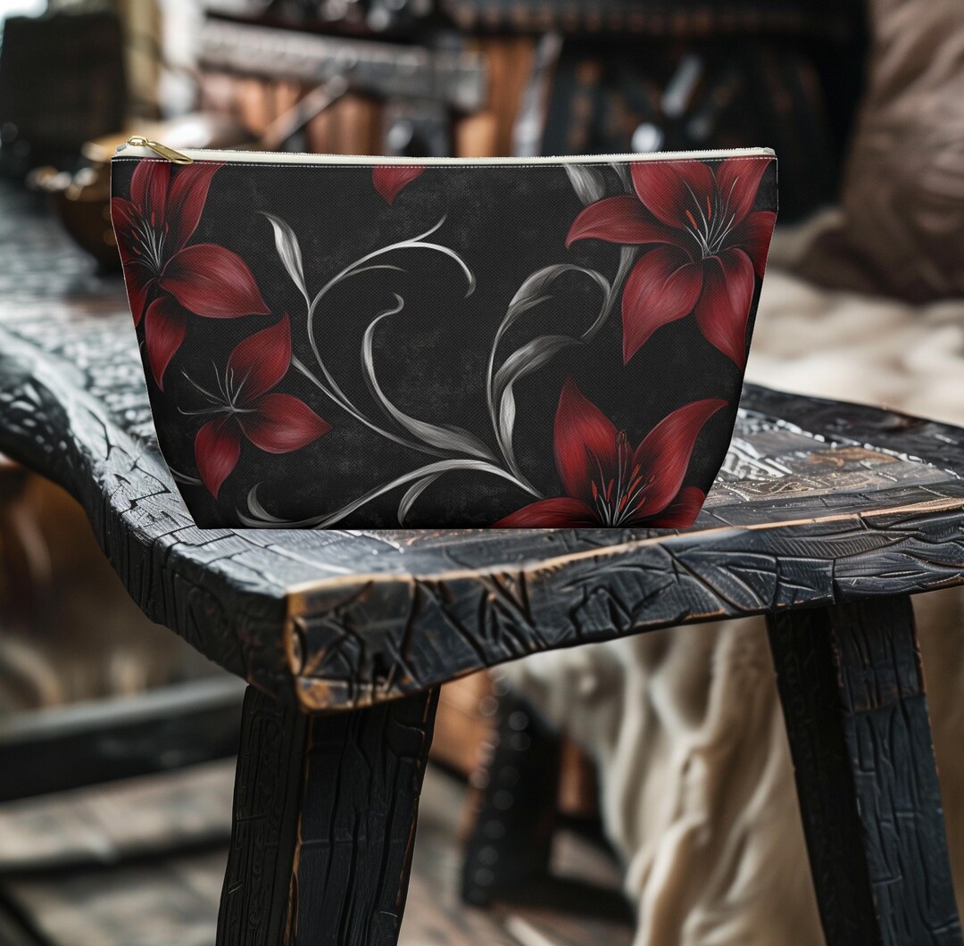Dark Red and Black and Silver - Gothic Lilies - Cute Goth Makeup Purse ...