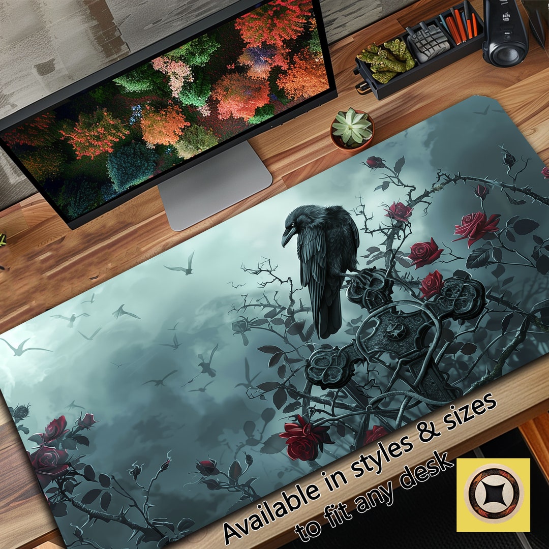 Goth Raven Desk Decor - Raven Perched on Cross Covered in Thorns and ...