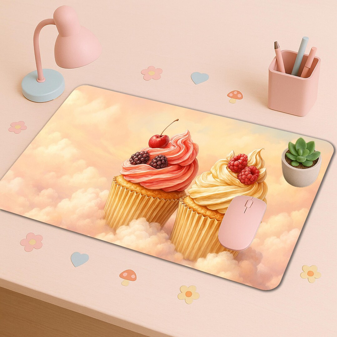 Kawaii Cute Berry Topped Cupcakes Cute Desk Pad Mouse Pad - Kawaii Desk ...