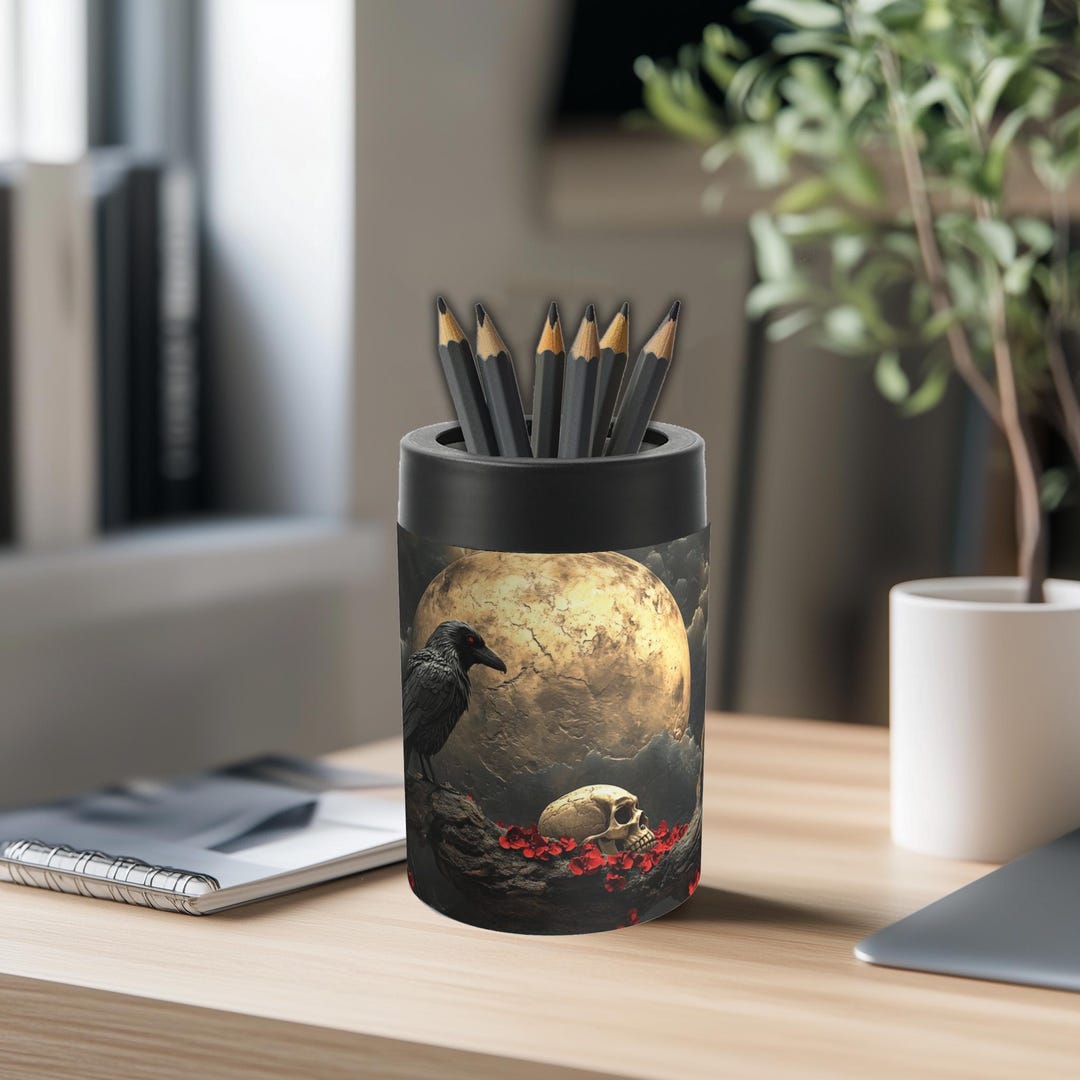 Goth Pencil Holder - Crow, Skull and Full Moon - Goth Desk Decor ...