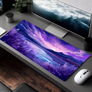 Pastel Anime Sunset Desk Mat, Manga Style Mountain Lake Mouse Pad ...