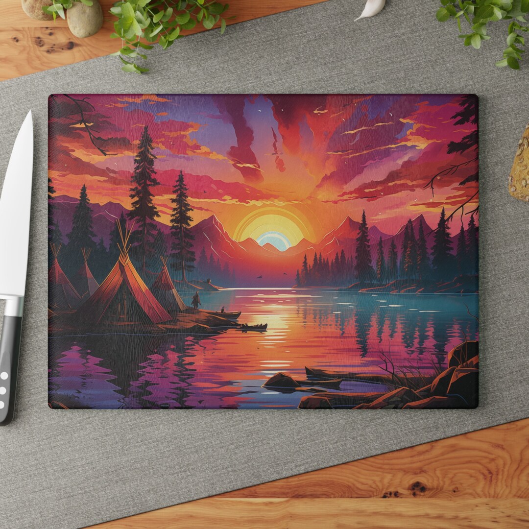 Glass Cutting Board, Native American Indian Tipi Sunset Art, Teepee ...