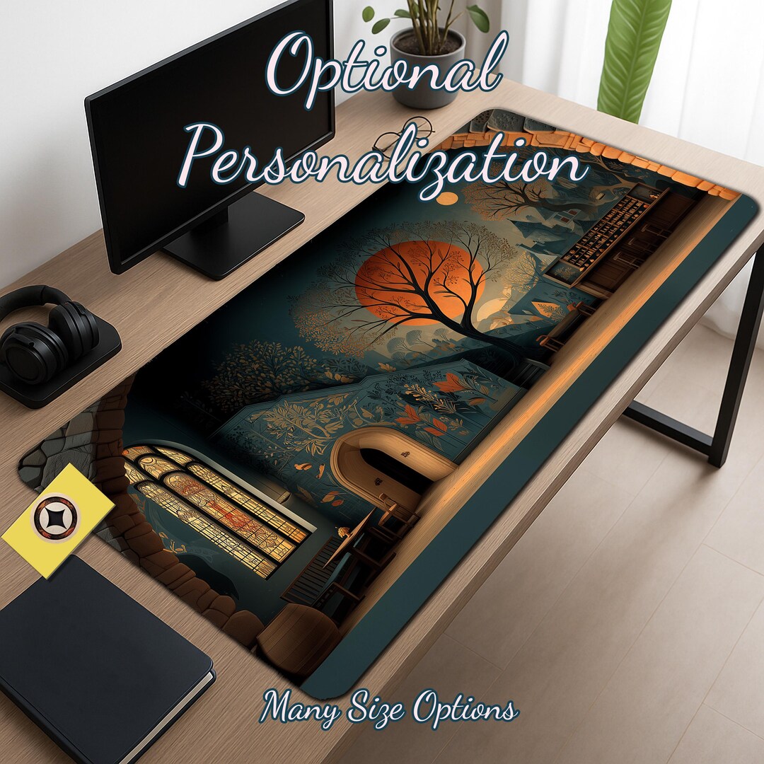 Medieval Tavern Desk Mat - Moonlit Castle Bar Art, Gothic Fantasy ...
