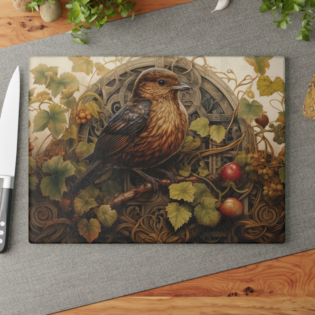 Glass Cutting Board, Rustic Vintage Style Bird Art, Cottagecore Design ...