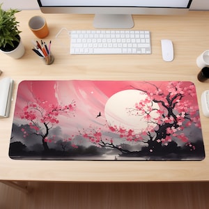 Cute Pink Sakura Tree and Full Moon Desk Mat Mousepad XL, Lofi Desk Pad ...