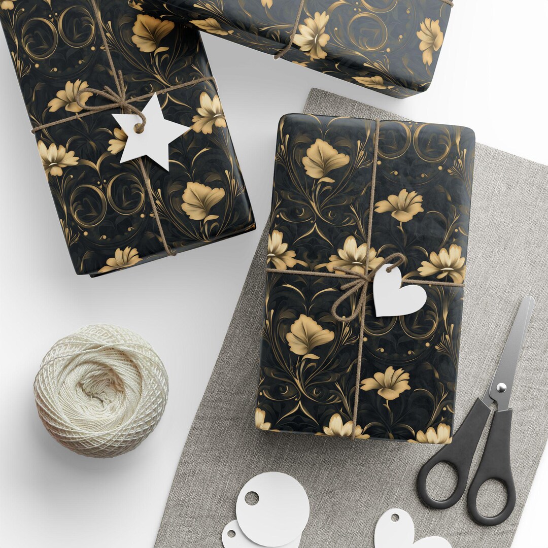 Dark and Elegant Art Nouveau Flowers in Black and Gold - Goth Wrapping ...