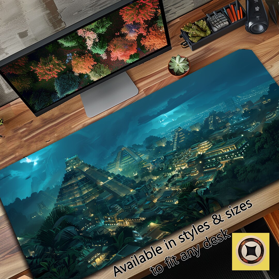 Ancient Aztec City Desk Pad - Mystical Pyramid Nightscape, Historical ...