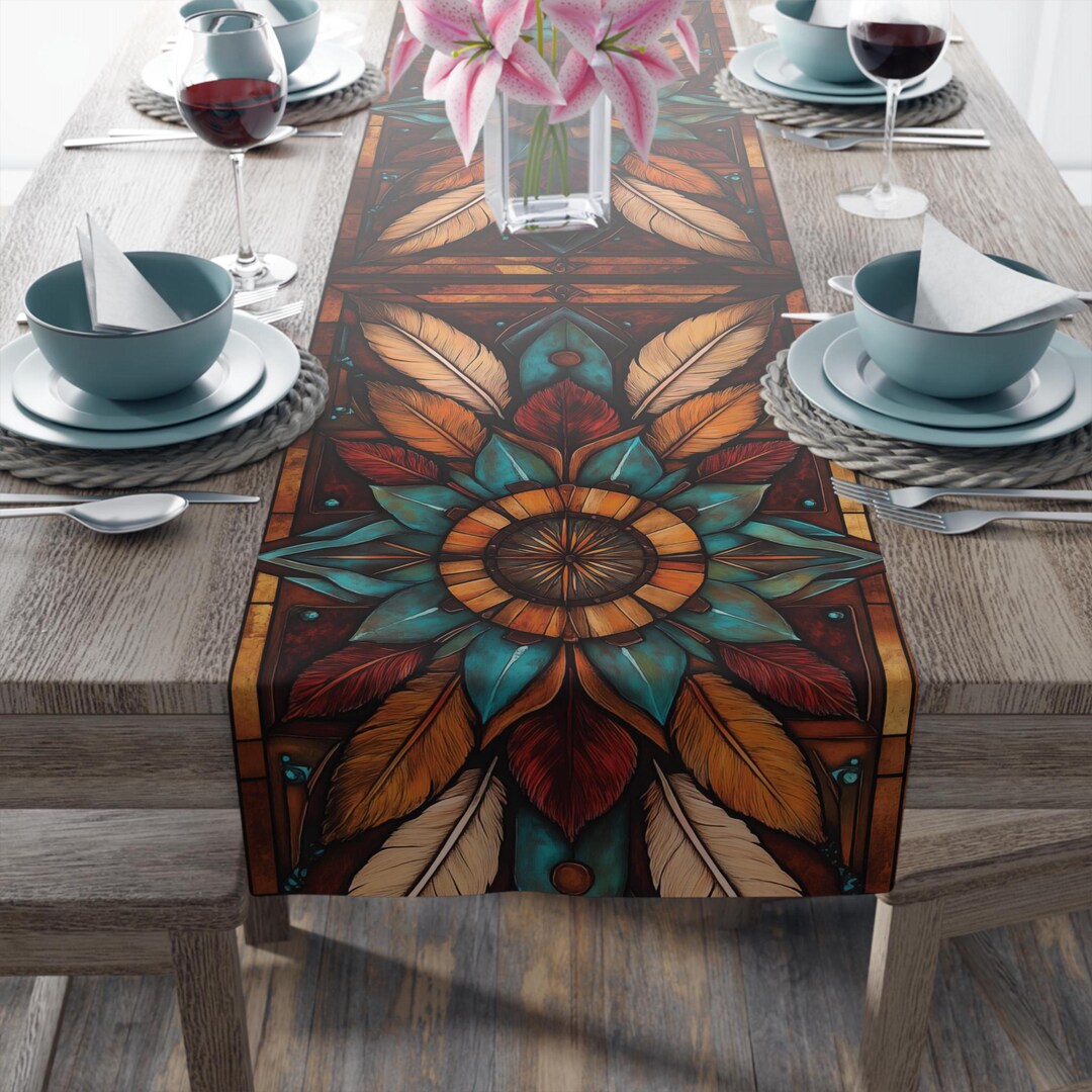 Native American Art Inspired Feather Centerpiece Print Polyester Table ...