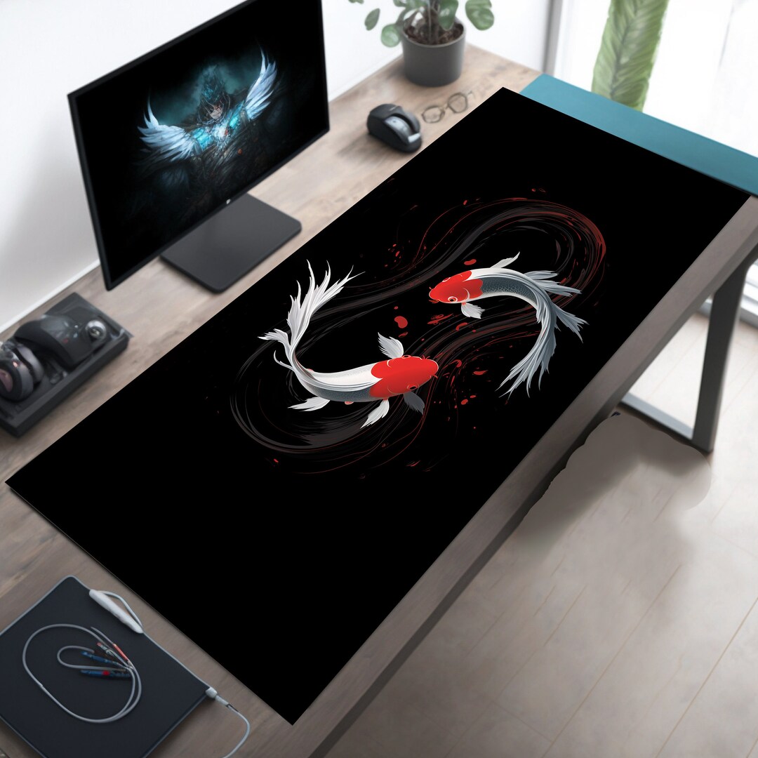 Minimalist Japanese Koi Fish Desk Mat, Sumi-e Suiboku-ga Style Art ...