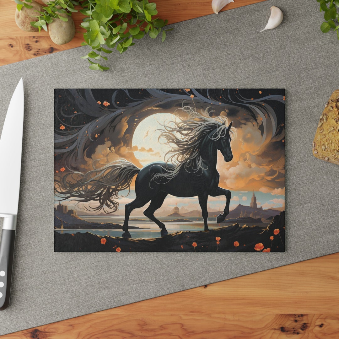 Glass Cutting Board, Black Stallion, Horse Cutting Board, Horse Kitchen ...