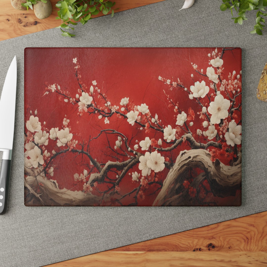 Glass Cutting Board, Japanese Sakura in Deep Red Background, Japan ...