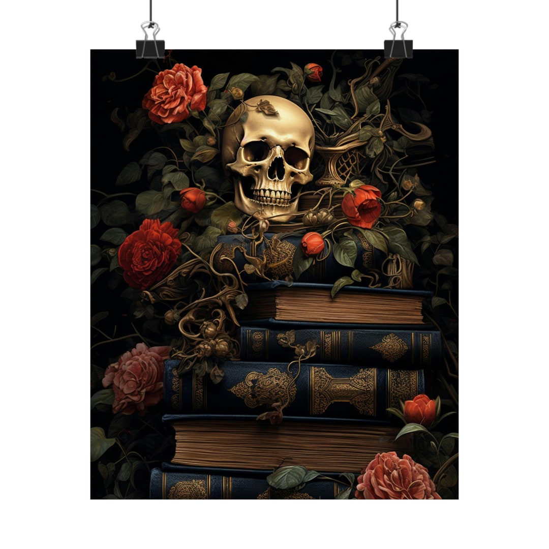 Dark Academia Poster With Skull, Books, and Flowers - Etsy