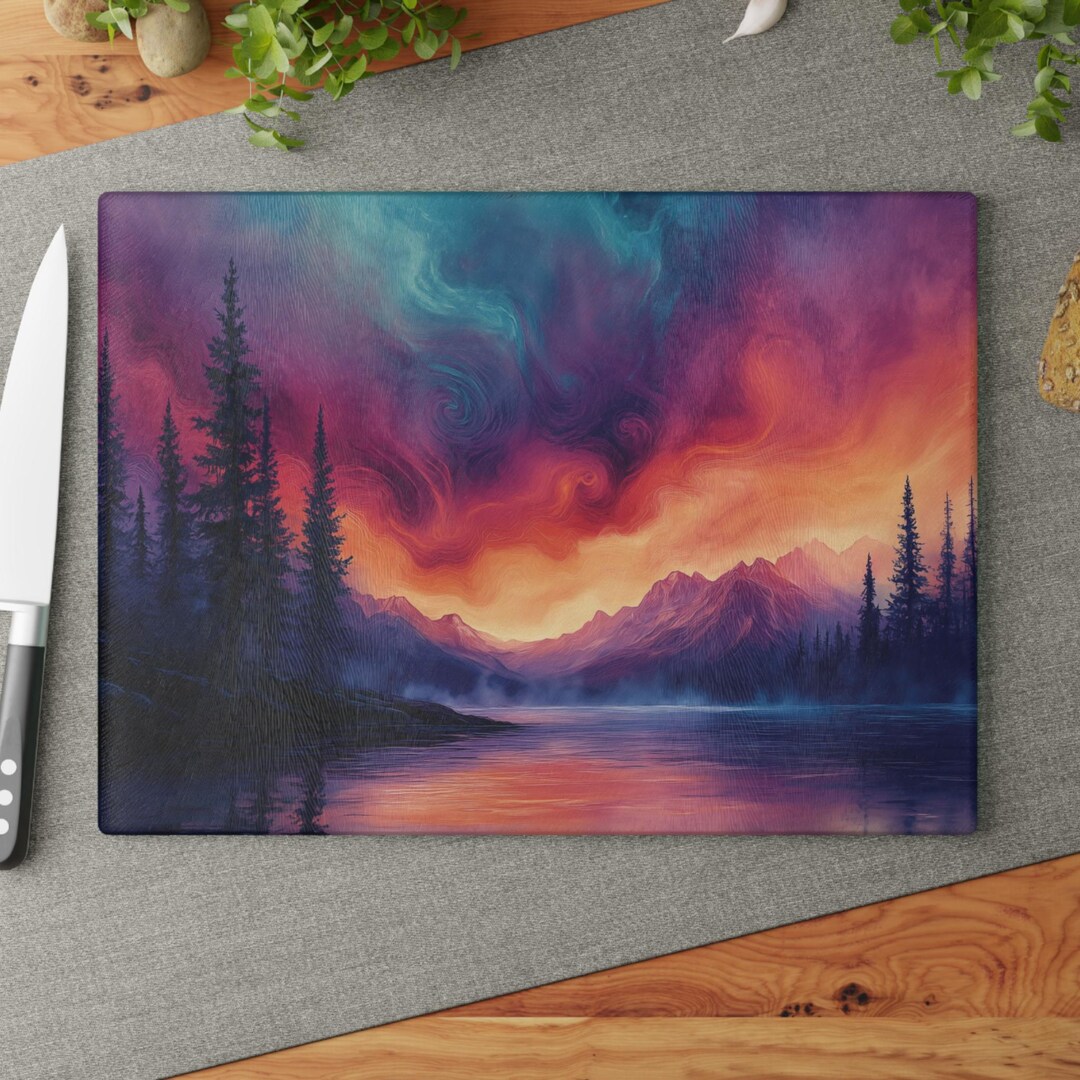 Ethereal Dusk - Mountain Lake Artisan Aurora Cutting Board - Cute Glass ...