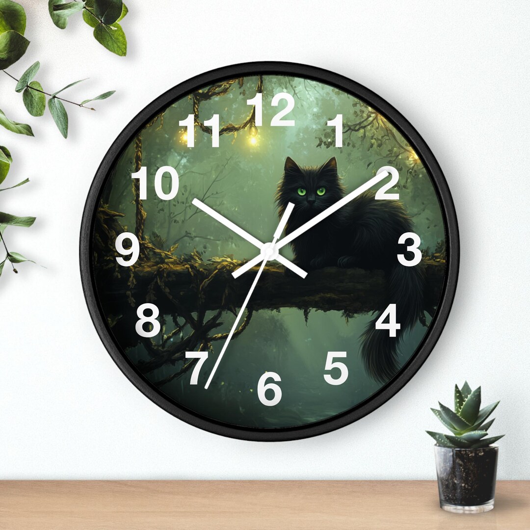 Gothic Black Cat Themed Round Wall Clock Featuring Cute Green Eyed ...