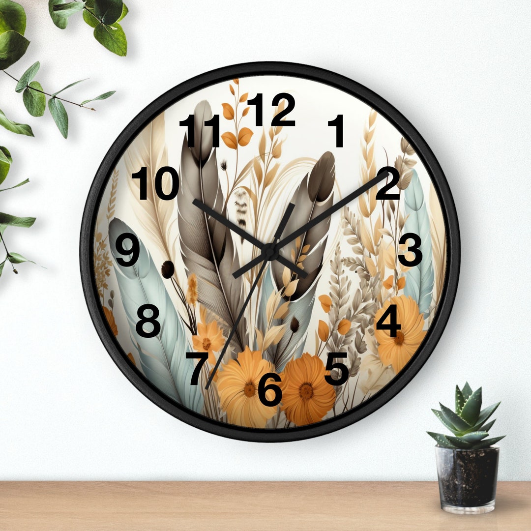 Wall Clock, Native American Style Cottagecore Floral and Feather ...