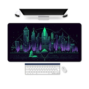 Futuristic Aztec City Desk Mat - Neon Green & Purple, Modern Flat ...