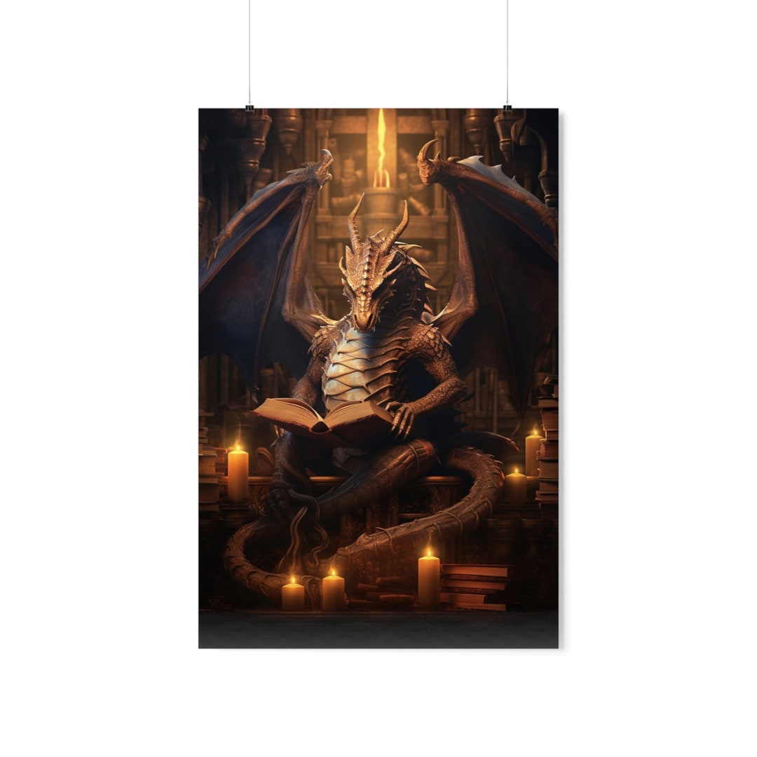 Dragon Reading a Book Wall Poster, Kids Room Art, Dark Academia Art ...