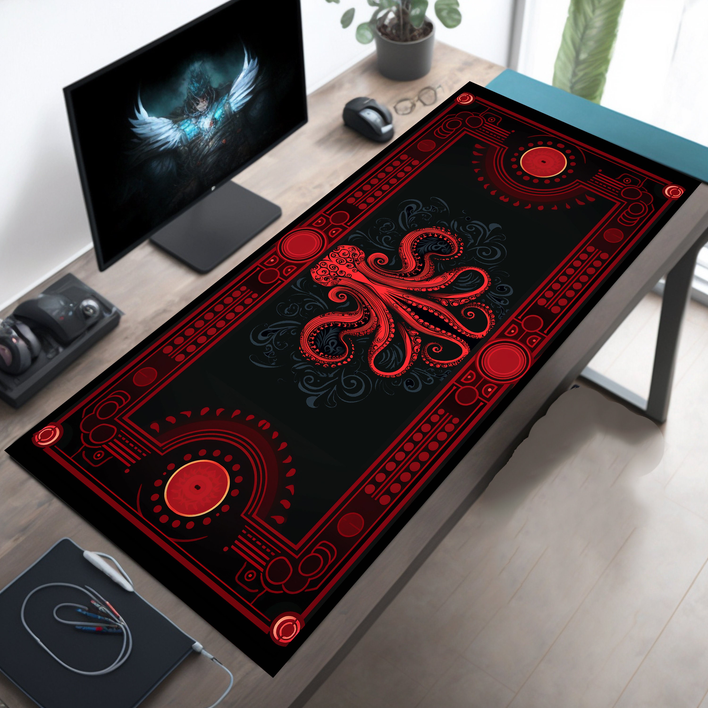 Aztec Octopus Desk Mat, Aesthetic XL Desk Pad, Geometric Mouse Pad, Red ...