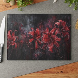 Gothic Spider Lilies in Red, Glass Cutting Board, Gift for Mom, Goth ...