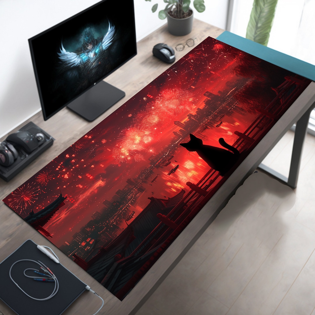 Fireworks Black Cat Gaming Desk Pad, Gamer Mouse Pad, Anime Mousepad XL ...