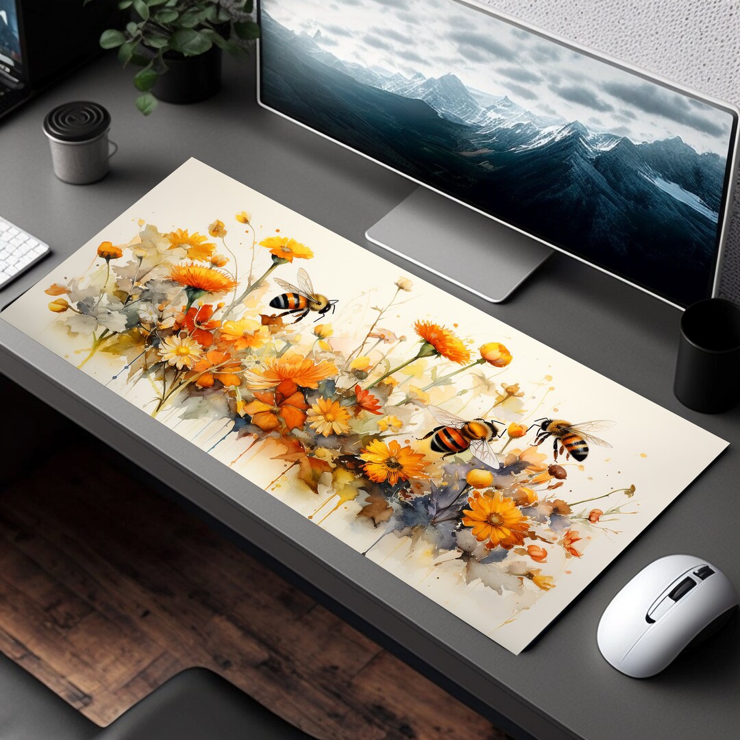 Cute Watercolor Honey Bees and Wildflowers Desk Mat, Aesthetic Desk ...