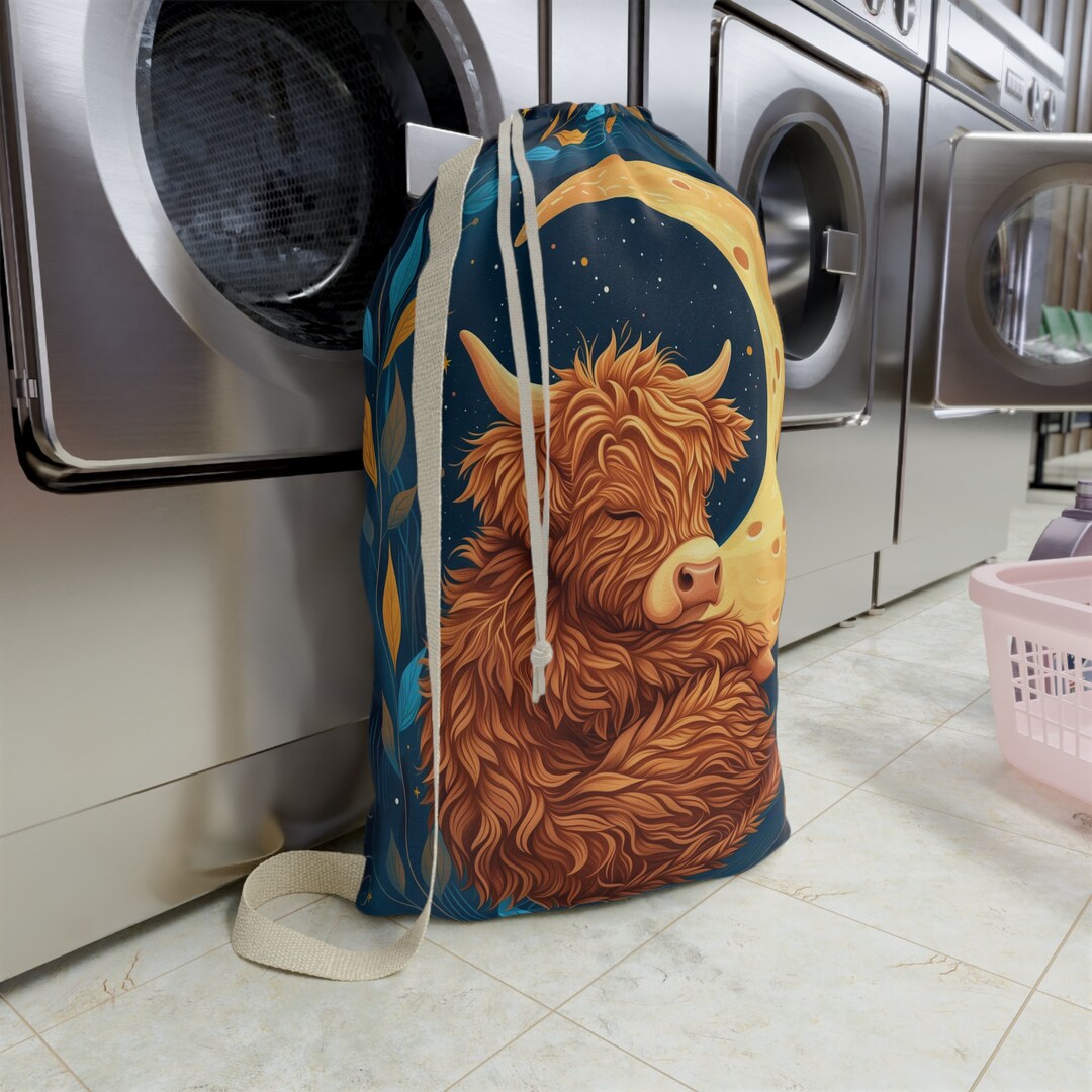 Cute Baby Highland Cow Hugging the Moon Laundry Bag, Drawstring Travel ...