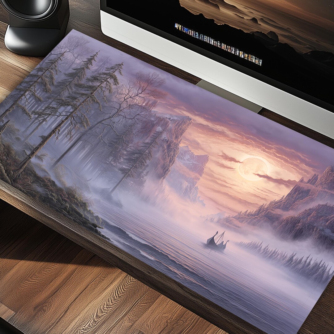 Mist Filled Viking Fjord Desk Mat - Aesthetic Norse Landscape Desk Pad ...