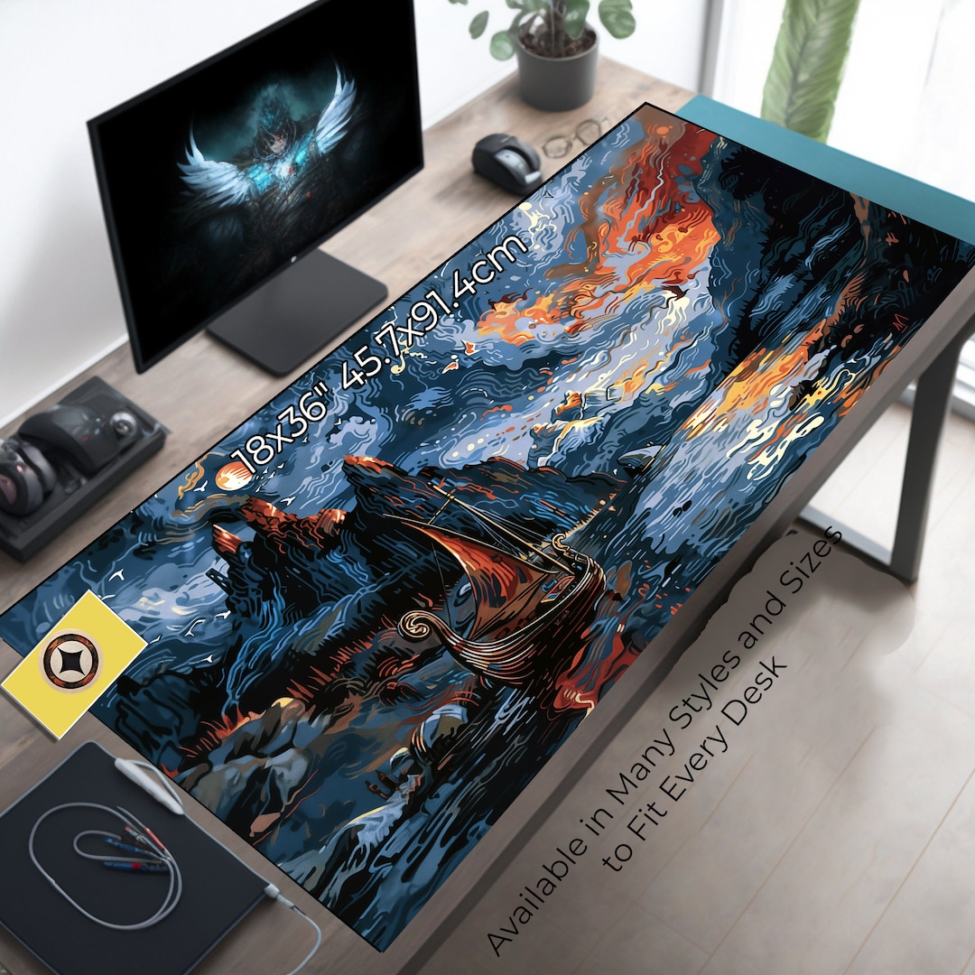 Viking Desk Pad, Longboat Passing Through a Narrow Fjord, Desk Mat ...