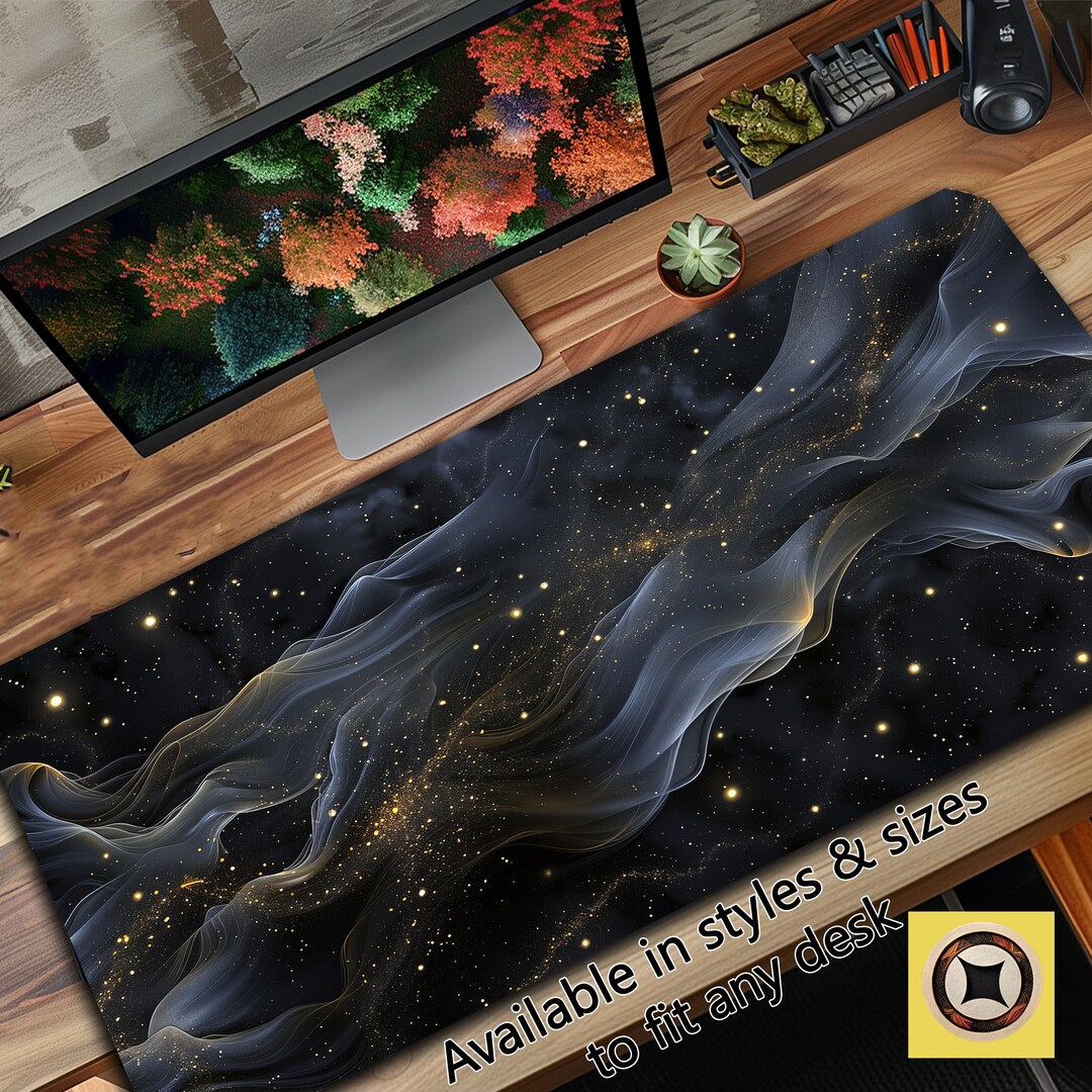 Dark Cosmic Whisps Black and Gold Desk Pad, Lofi Deskmat XL, Space ...